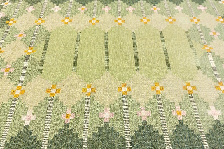 Green Vintage Swedish Flat-Weave Rug by Ingegerd Silow at 1stDibs
