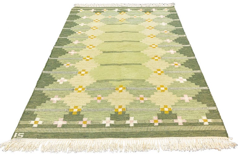 Green Vintage Swedish Flat-Weave Rug by Ingegerd Silow at 1stDibs