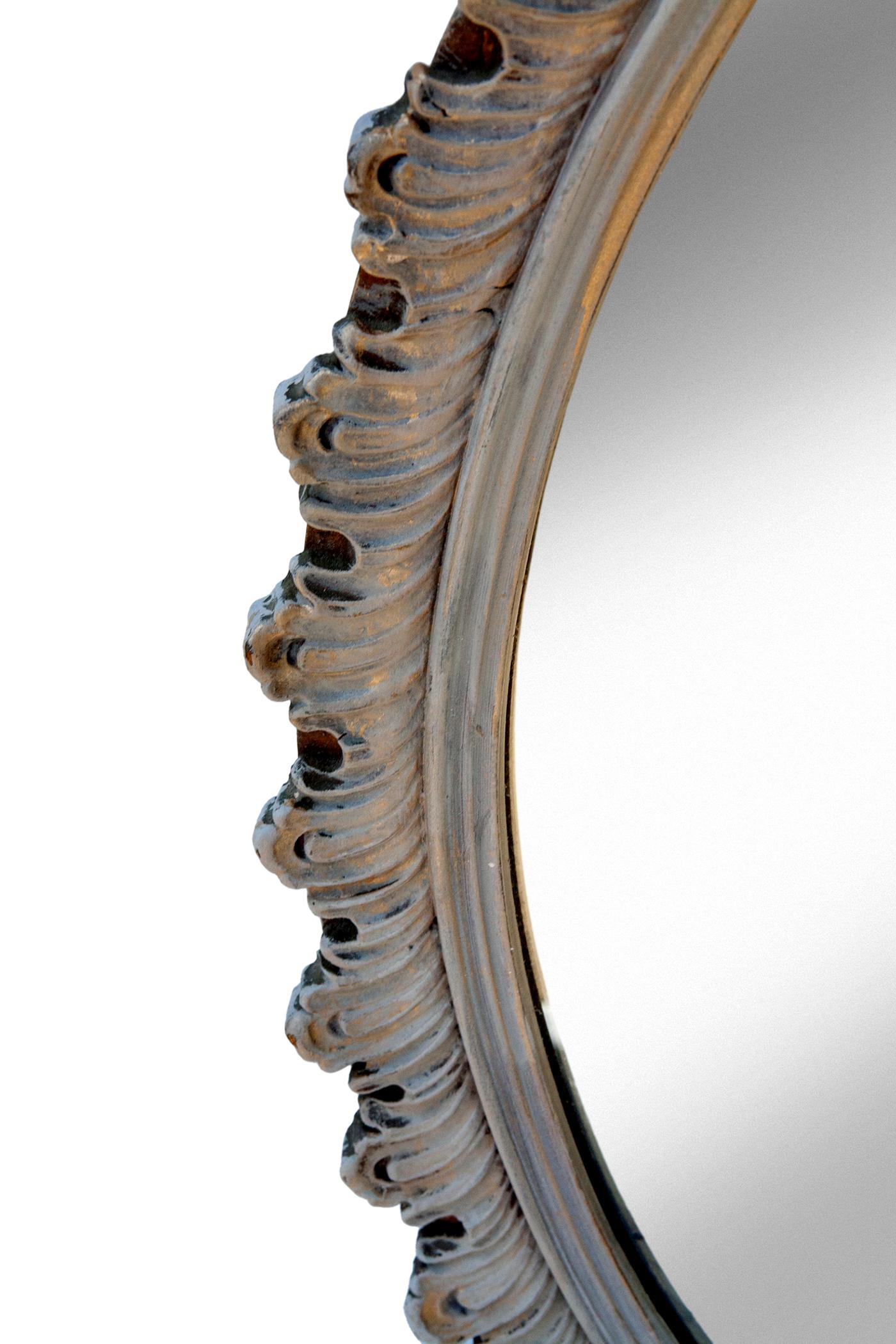 Greige Round Gessoed Wood Mirror Accented in Gold For Sale at 1stDibs