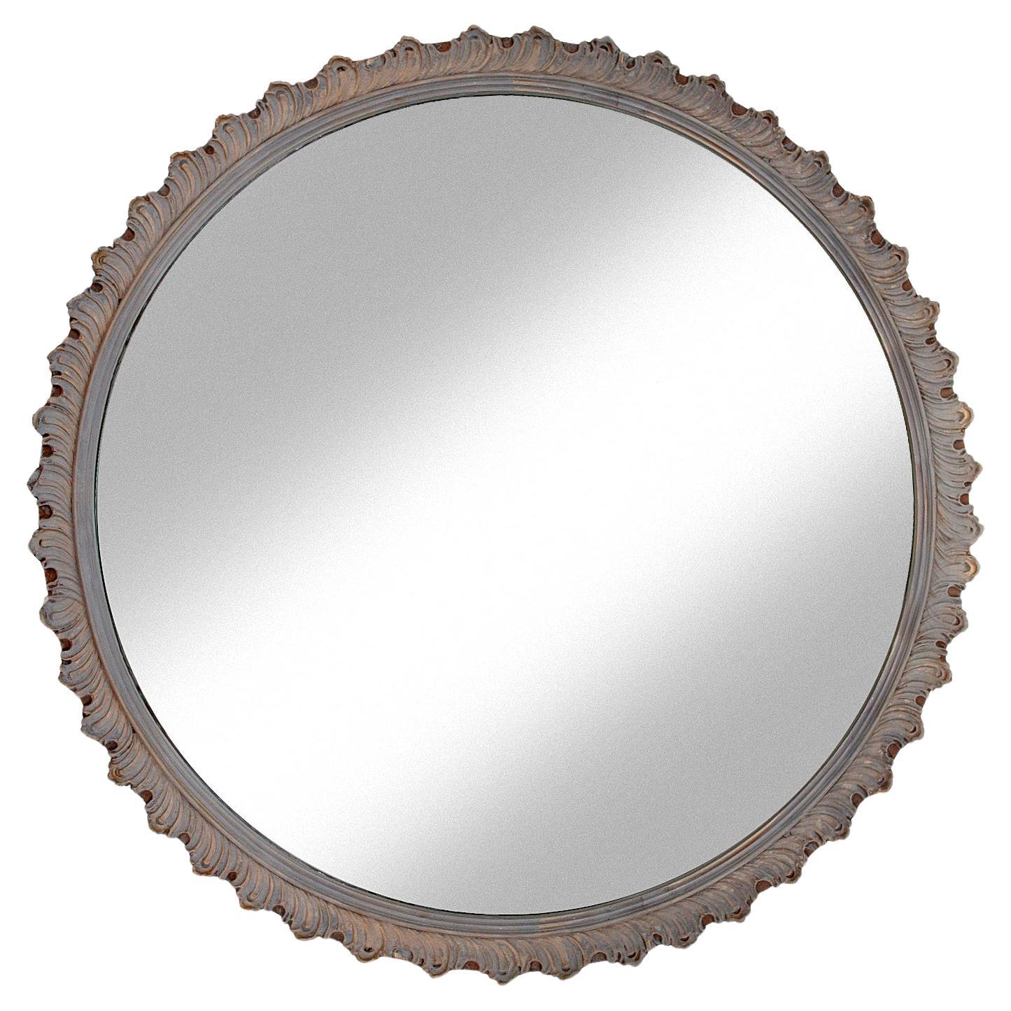 Greige Round Gessoed Wood Mirror Accented in Gold For Sale at 1stDibs
