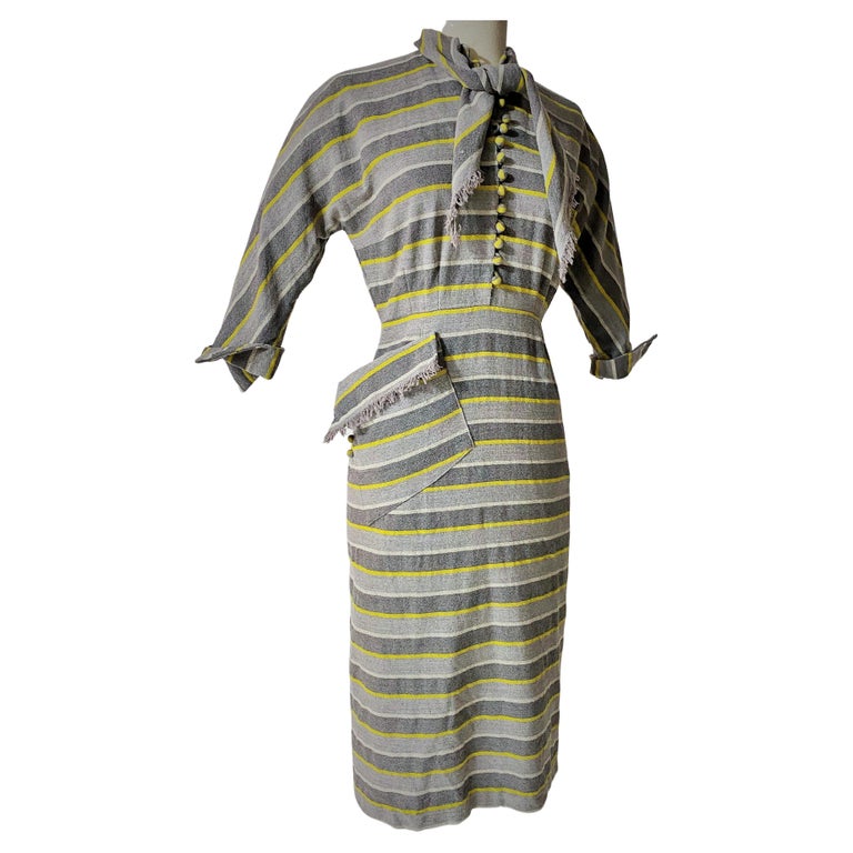 Grey and yellow striped wool day dress - France Circa 1945 For Sale at ...