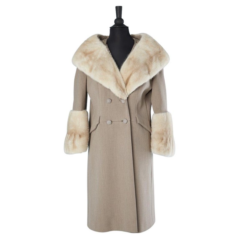 Grey-beige double-breasted 1950's wool coat with mink collar and turn ...