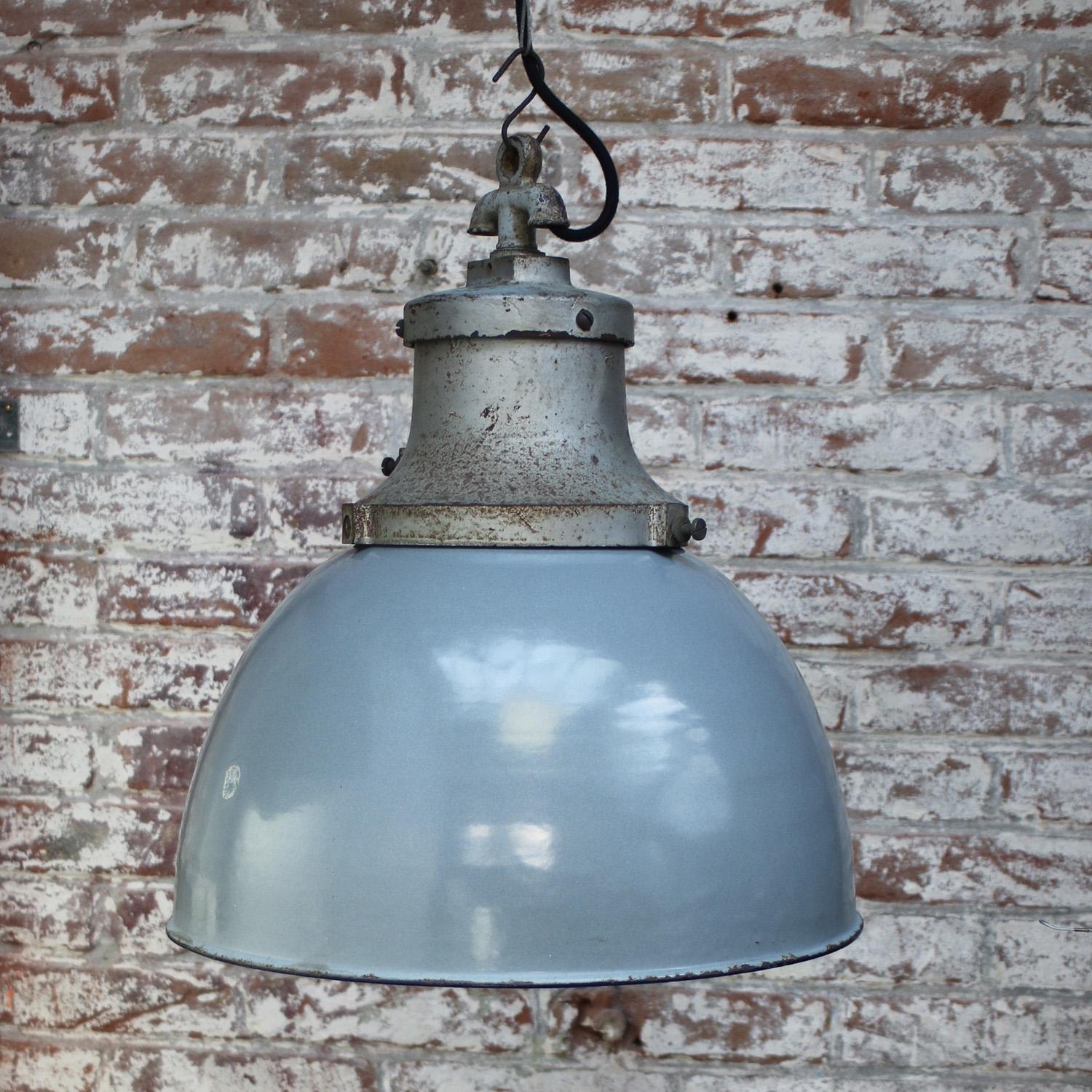 Grey Enamel Vintage Industrial Cast Iron Pendant Lights by HWK For Sale ...