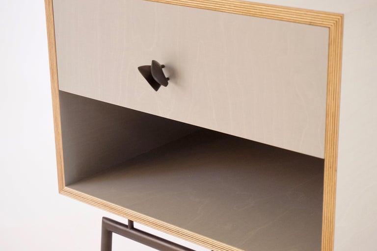 Grey Finn Ply Bedside Tables with Bronze Base and Bronze Butterfly ...