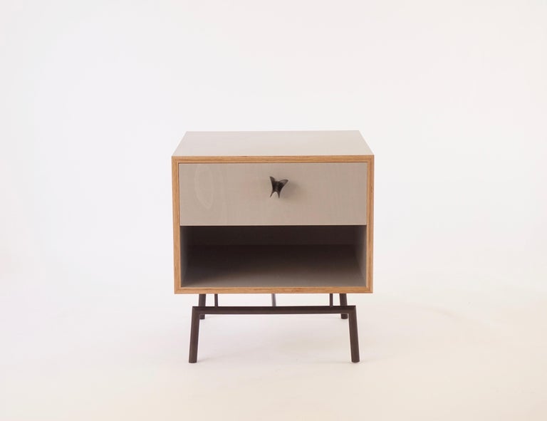 Grey Finn Ply Bedside Tables with Bronze Base and Bronze Butterfly ...