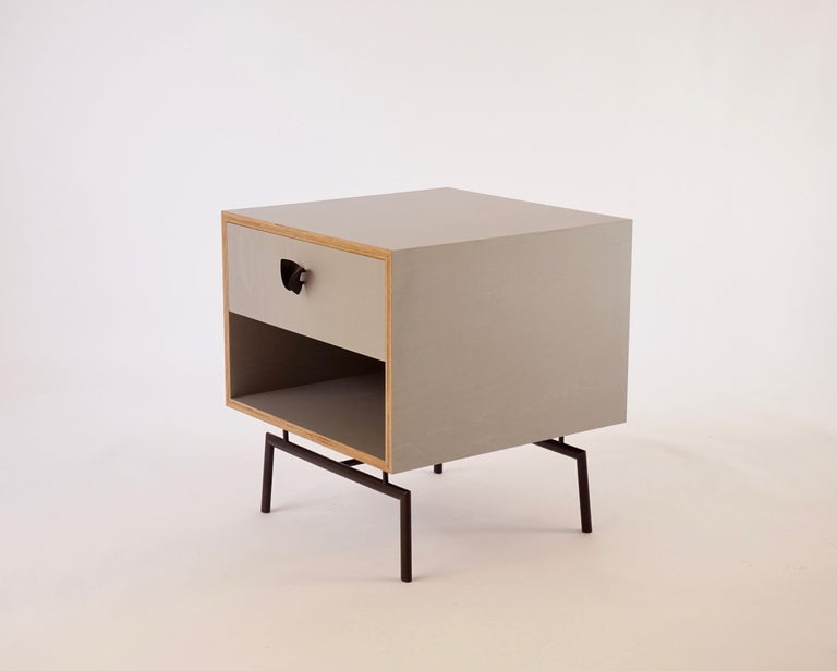 Grey Finn Ply Bedside Tables with Bronze Base and Bronze Butterfly ...