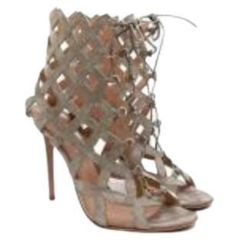 Grey Lace-Up Cut-Out Sandals For Sale at 1stDibs