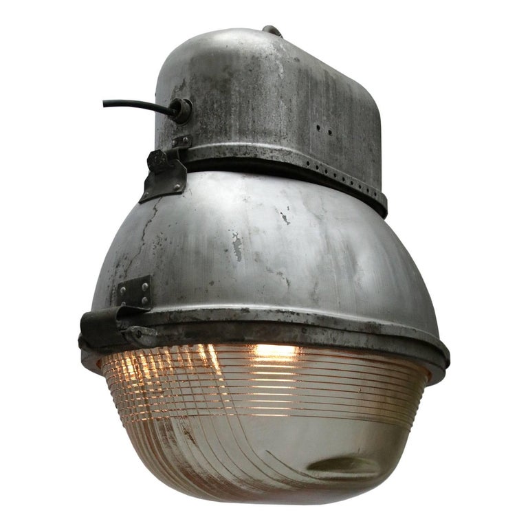 Grey Metal Oval Vintage Industrial Holophane Glass Street Light at 1stDibs