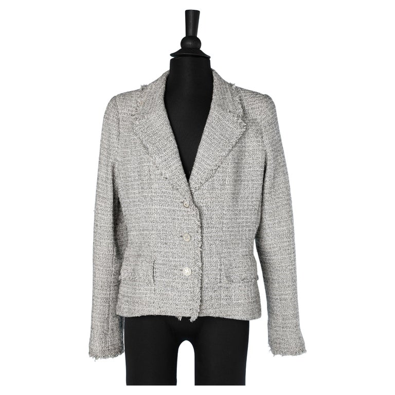 Grey silk and cotton tweed jacket with clover buttons Chanel For Sale ...
