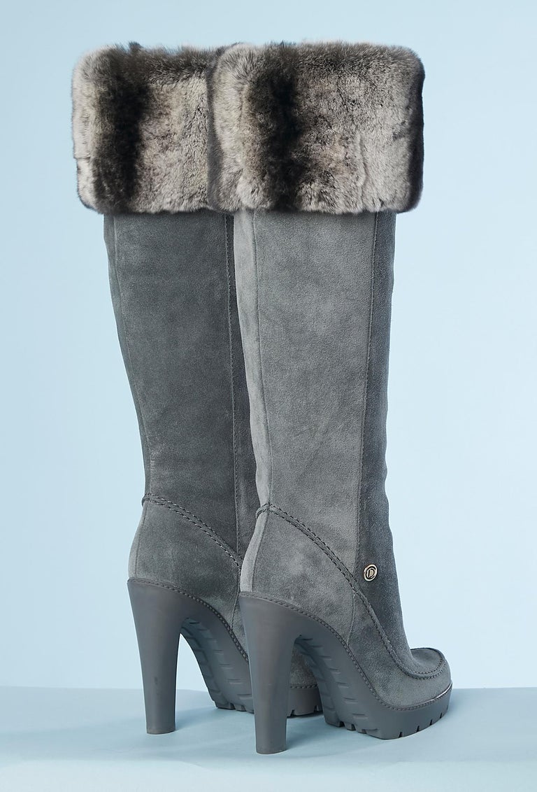 Grey suede boots with furs edge on the top Dior NEW For Sale at 1stDibs