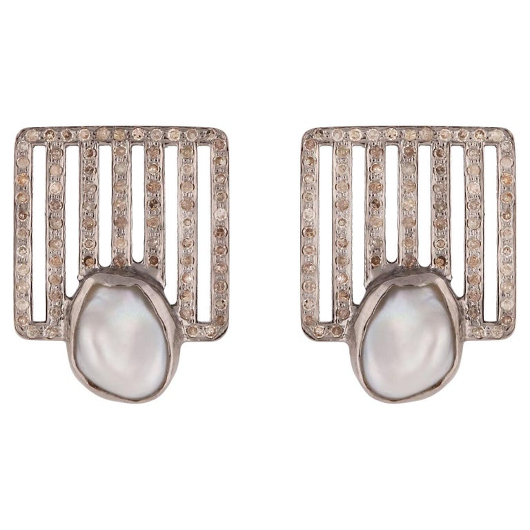 Grid Diamond and Pearl Geometric Earrings For Sale at 1stDibs