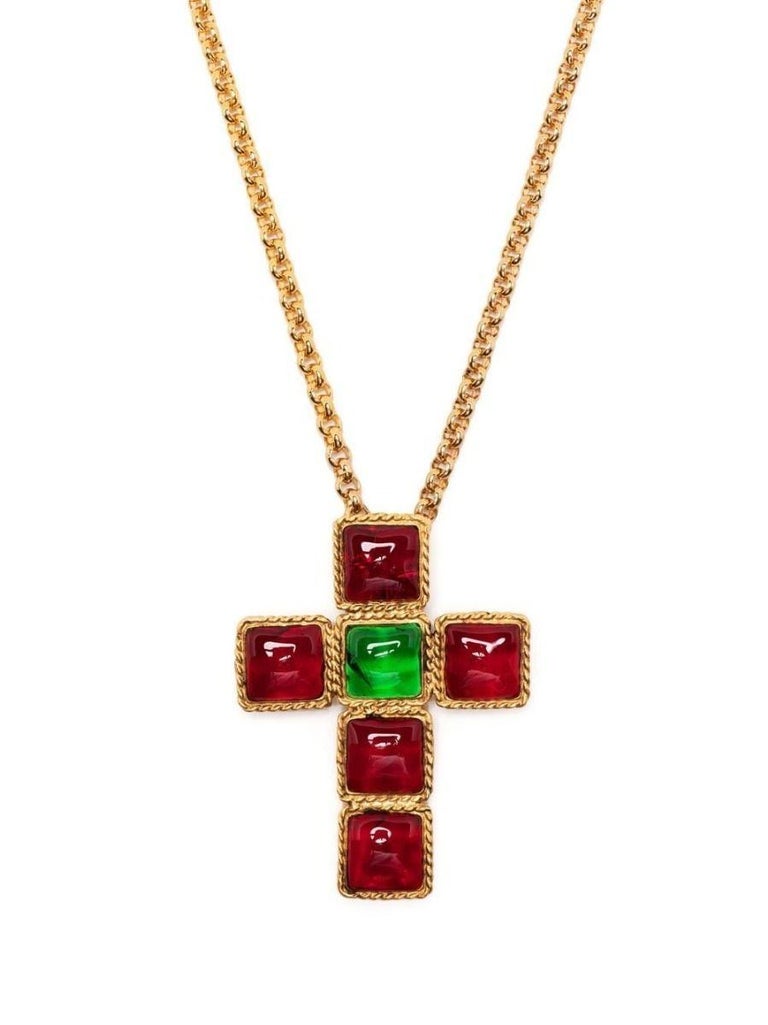 Gripoix Red and Green Cabochon Cross Motif Necklace For Sale at 1stDibs