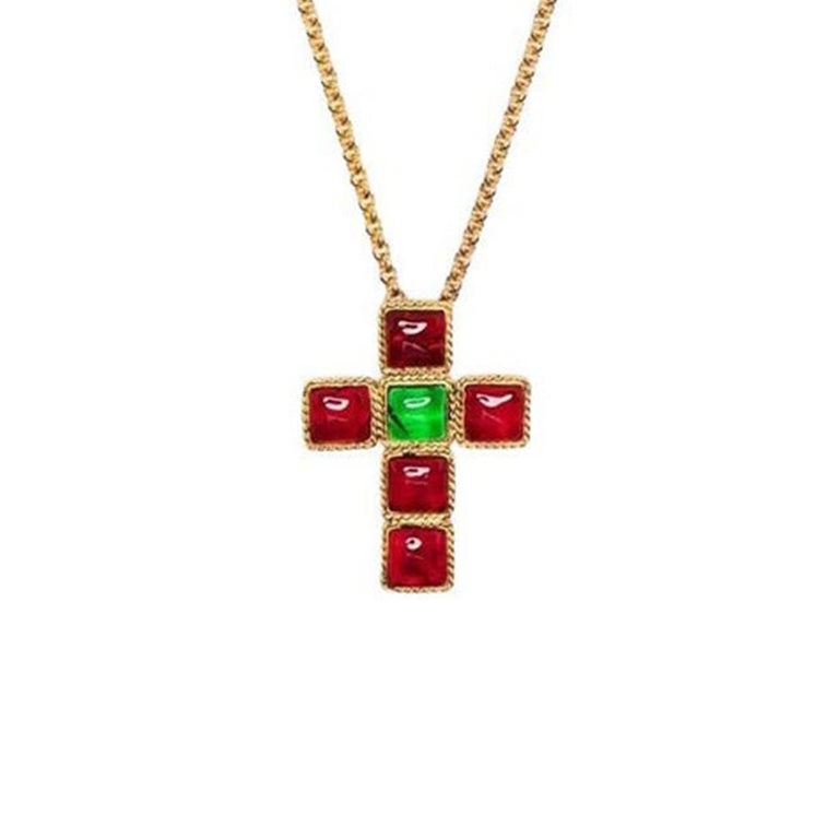 Gripoix Red and Green Cabochon Cross Motif Necklace For Sale at 1stDibs