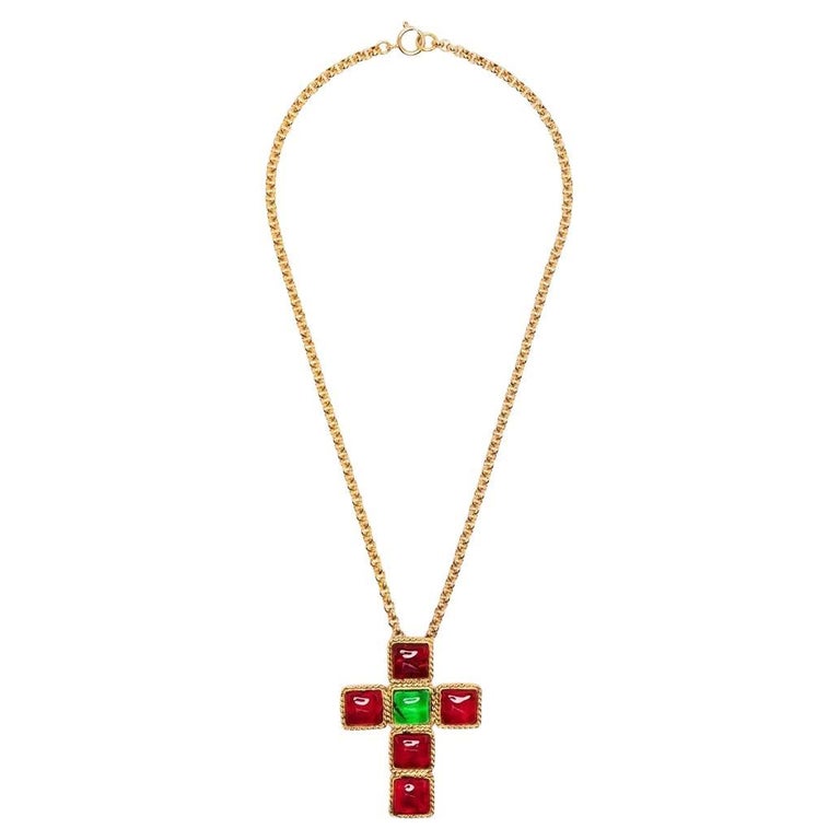 Gripoix Red and Green Cabochon Cross Motif Necklace For Sale at 1stDibs