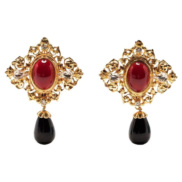 Gripoix Red gem teardrop clip on earrings For Sale at 1stDibs