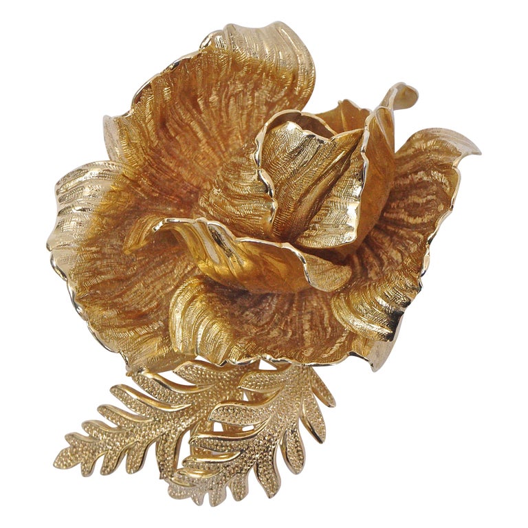Grosse Gold Plated Textured Rose and Leaves Brooch 1960s at 1stDibs