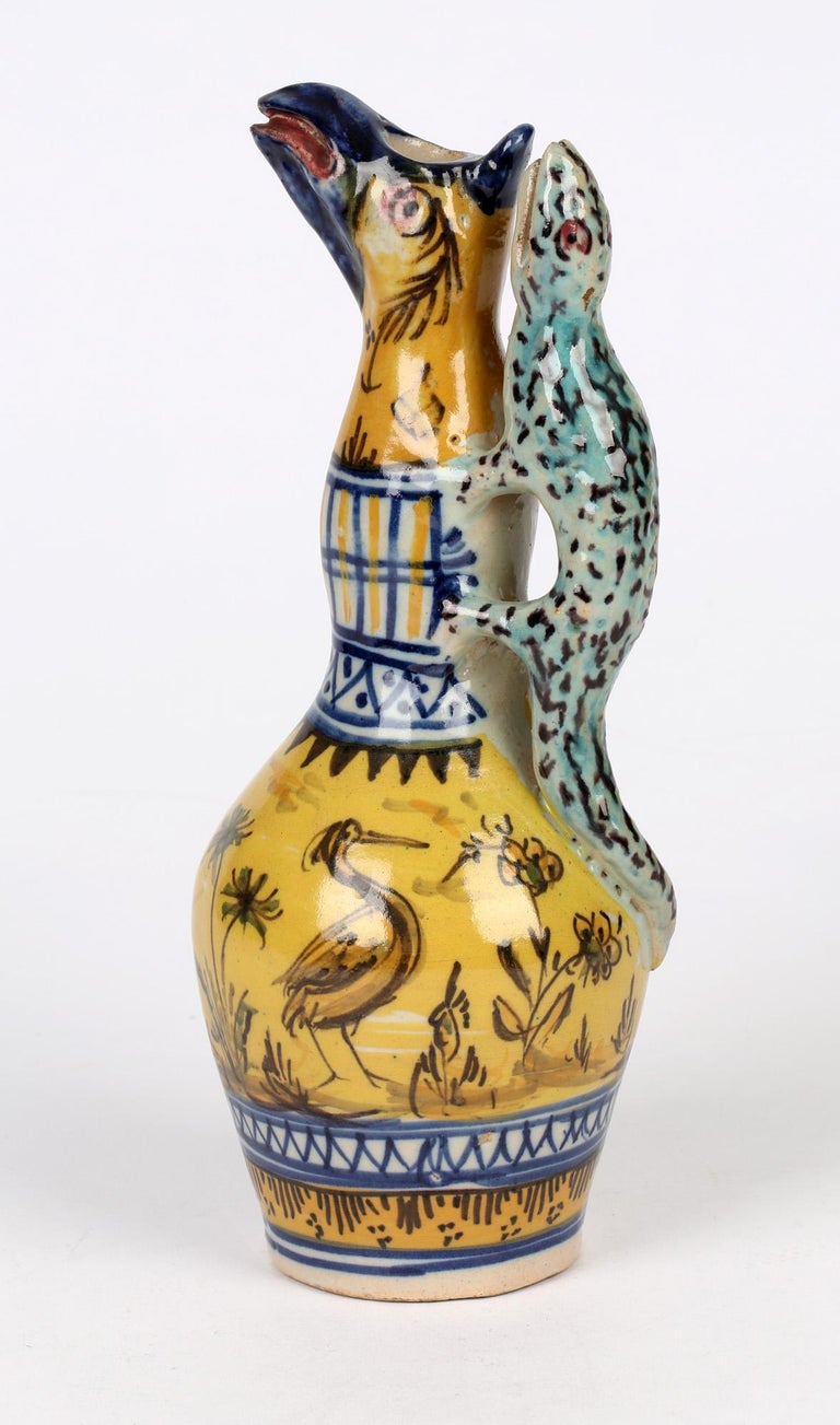 Grotesque Spanish Faience Lizard Handled Pottery Oil Bottle at 1stDibs