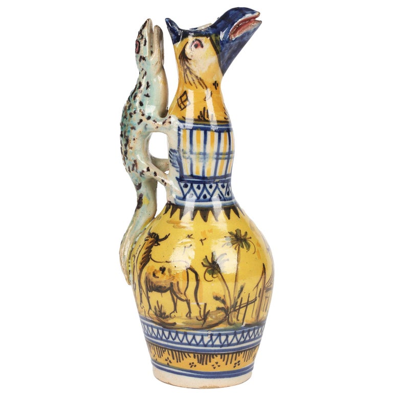 Grotesque Spanish Faience Lizard Handled Pottery Oil Bottle at 1stDibs