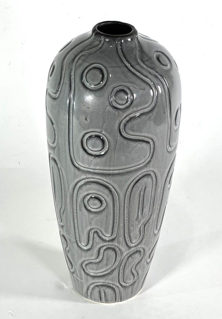 Group of 3 Italian Modern Studio Gray Glazed and Incised Ceramic Vases ...