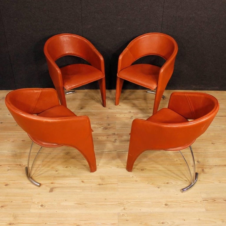 Group of Four Italian Design Chairs in Leather and Metal from 20th ...