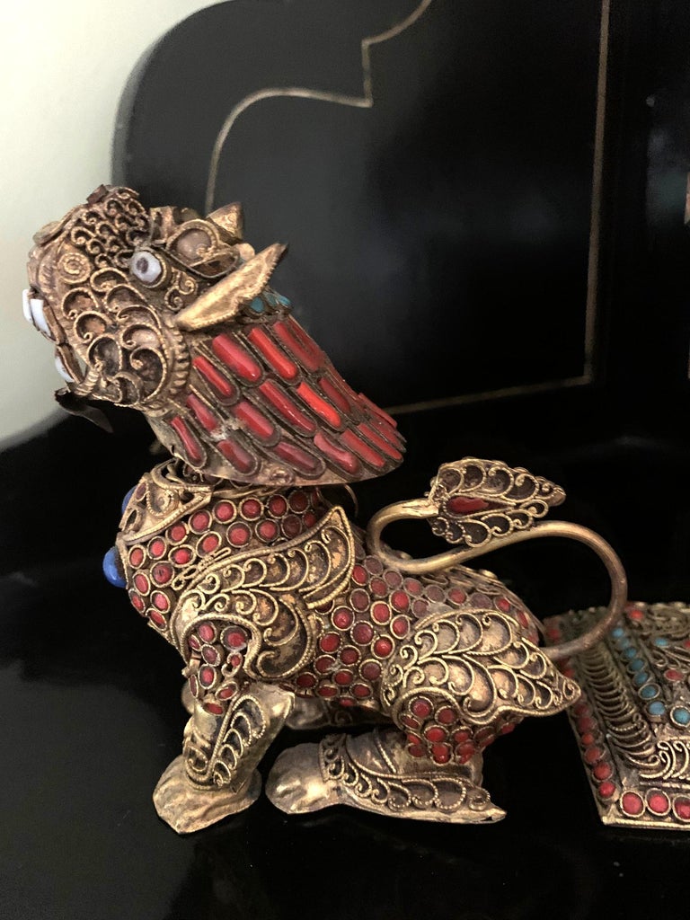 Group of Brass Filigree Animal Figures with Stone Inlays Himalayan ...