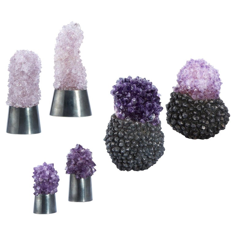 Group of Six Amethyst Crystals and Silver Objects by Jar at 1stDibs