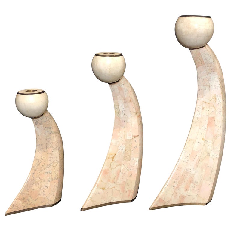 Group of Three Maitland Smith Tessellated Stone Candlesticks at 1stDibs