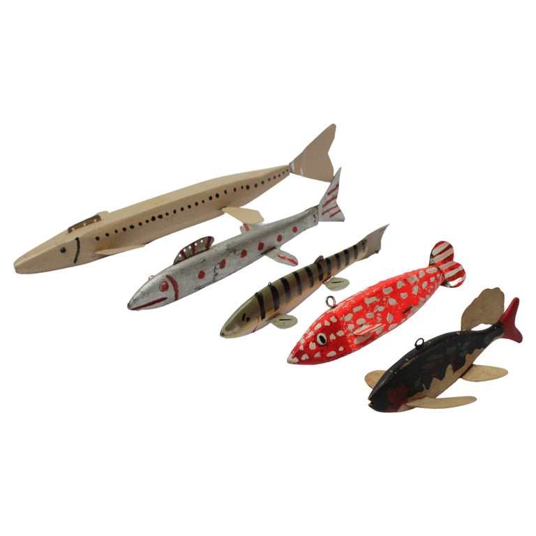 Grouping of Five Hand-Painted and Carved American Folk Art Fish Decoys ...