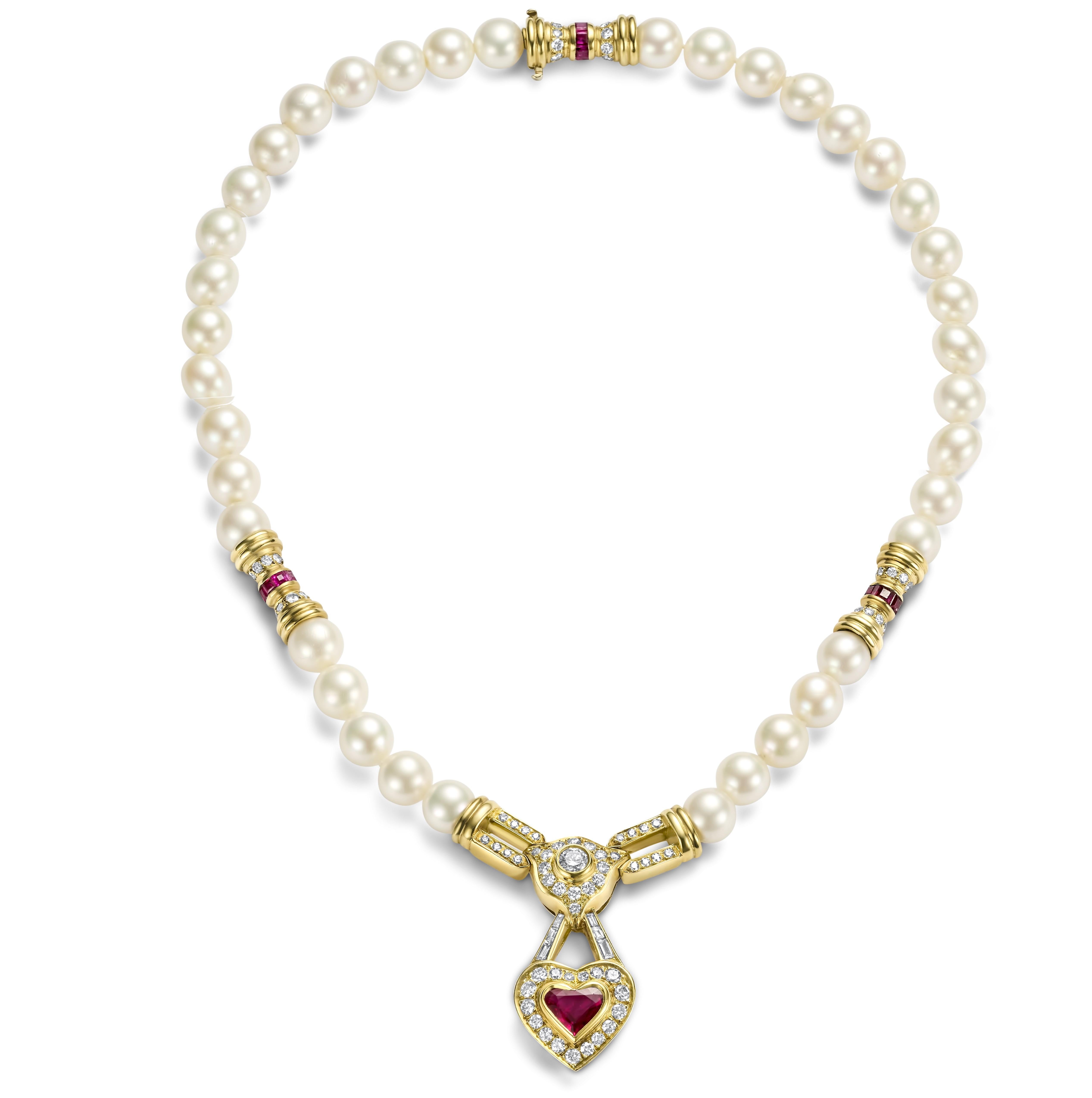 GRS Cert. 18 kt. Yellow gold Pearl Necklace w. Diamonds and Heart ...
