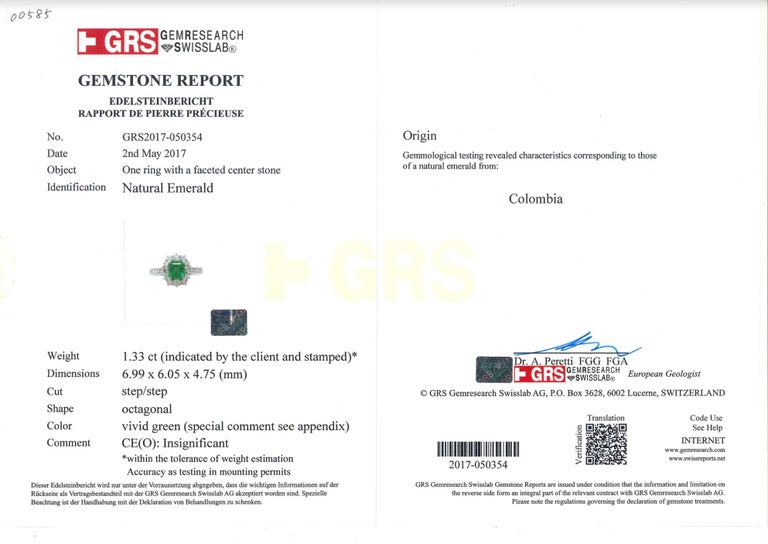 GRS Certified 1.33 ct Muzo "Vivid Green" Emerald Ring For Sale at 1stDibs