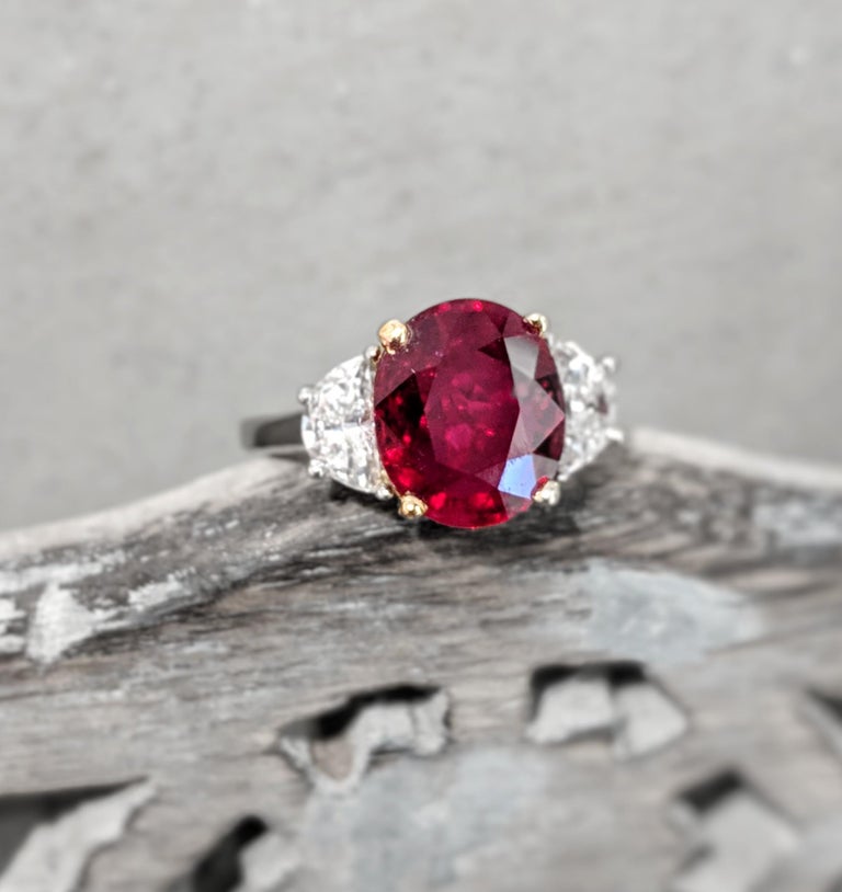 GRS Certified 4.0 Carat Vivid Red Ruby Diamond 3-Stone Ring at 1stDibs