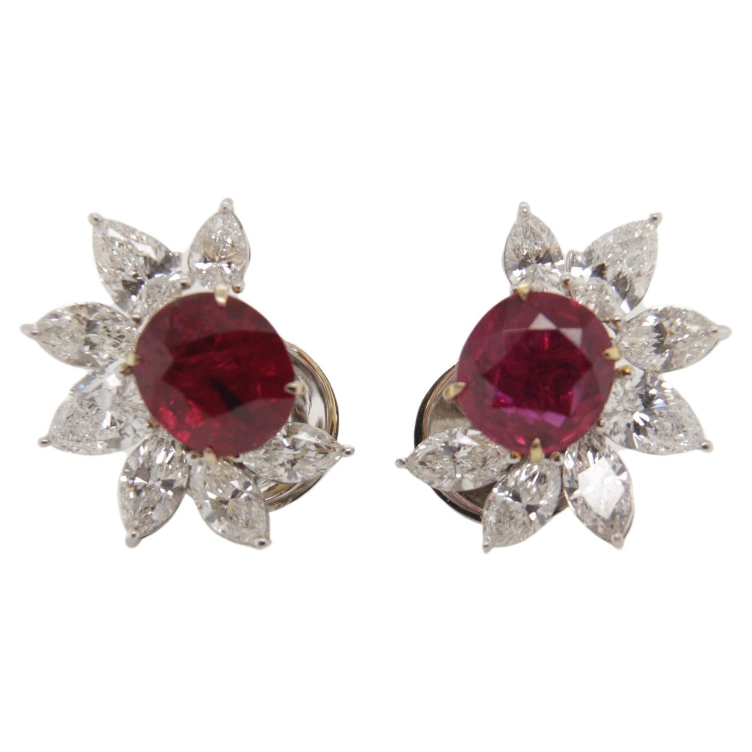 12.12 Carat GRS No Heat Oval Vivid Red Ruby Diamond Cluster Earrings ...