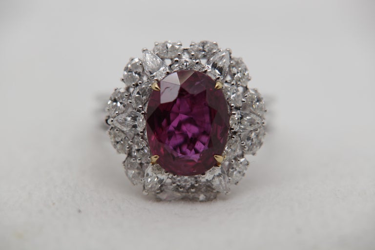 GRS Certified 4.61 Carat Thai Ruby No Heat and Diamond Ring in 18 Karat ...