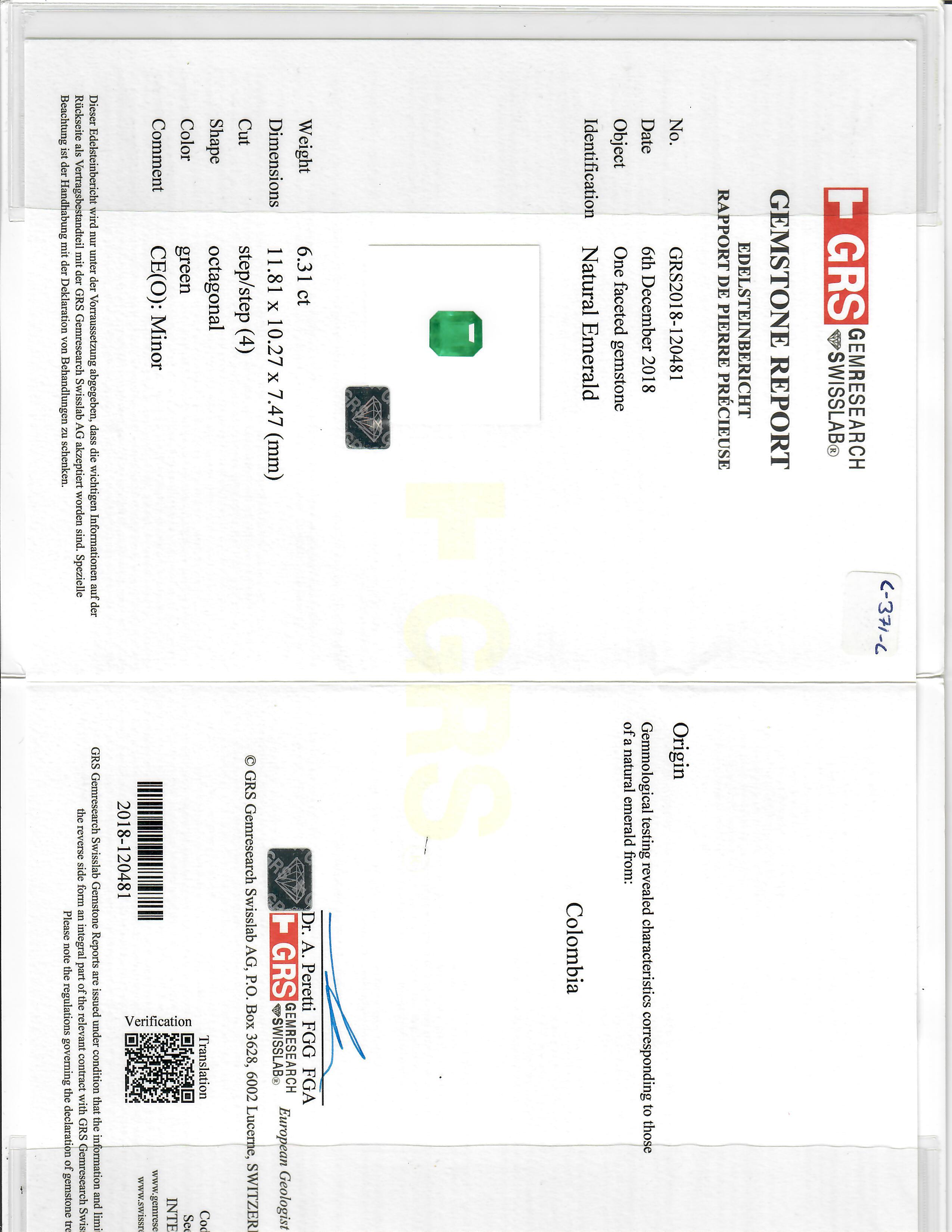 GRS Certified 6.31 Carat Emerald Cut Colombian Emerald Diamond Platinum ...