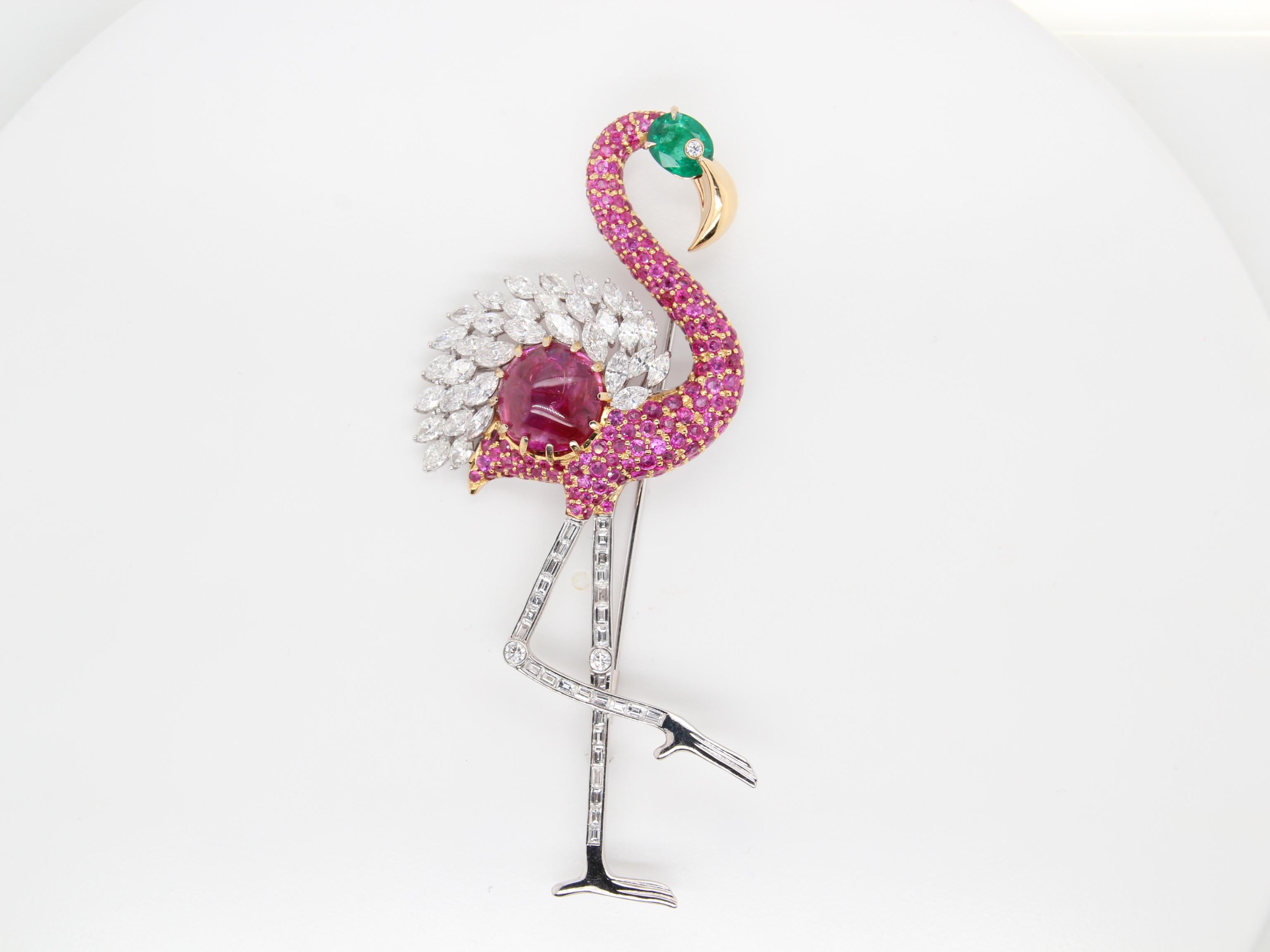 GRS Certified 8 Carat Ruby, Diamond and Emerald Flamingo Brooch in 18K ...