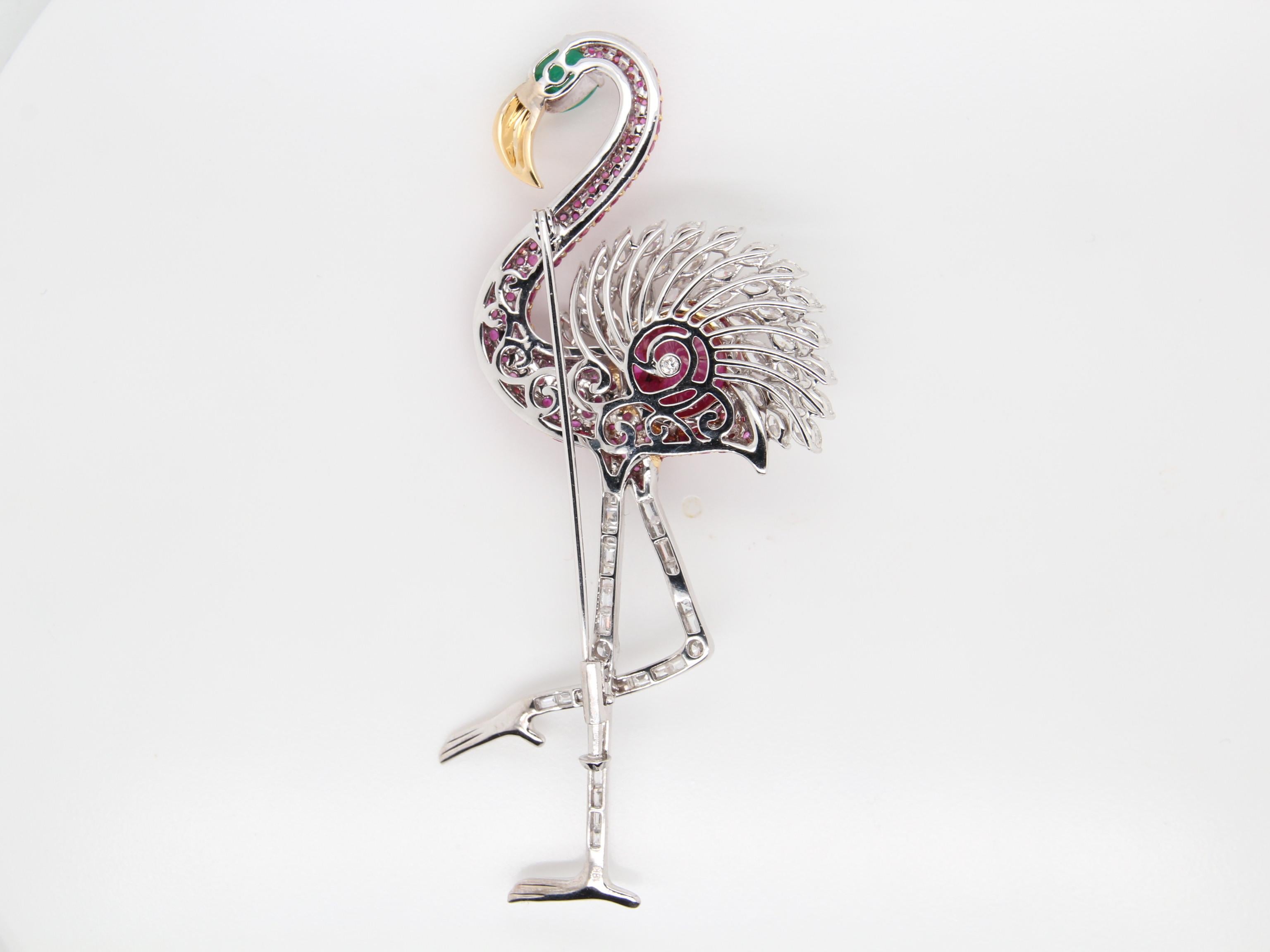 GRS Certified 8 Carat Ruby, Diamond and Emerald Flamingo Brooch in 18K ...