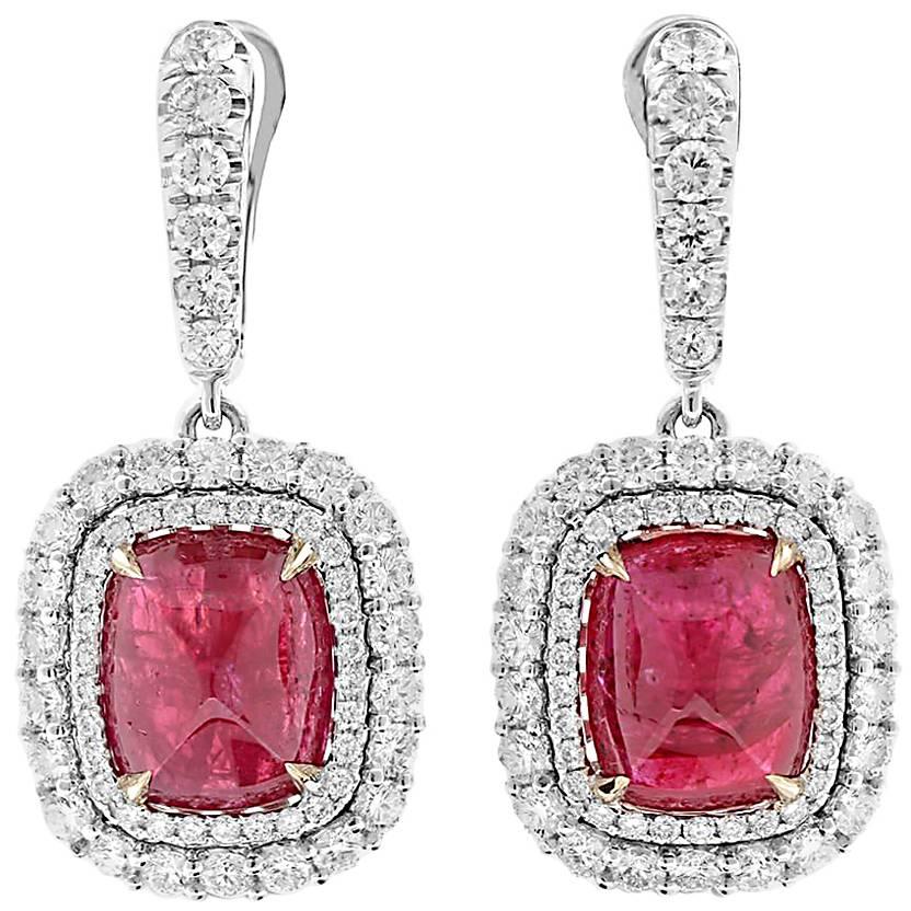 GRS Certified Cabochon Ruby Earrings with Diamonds, 14.84 Carat at ...