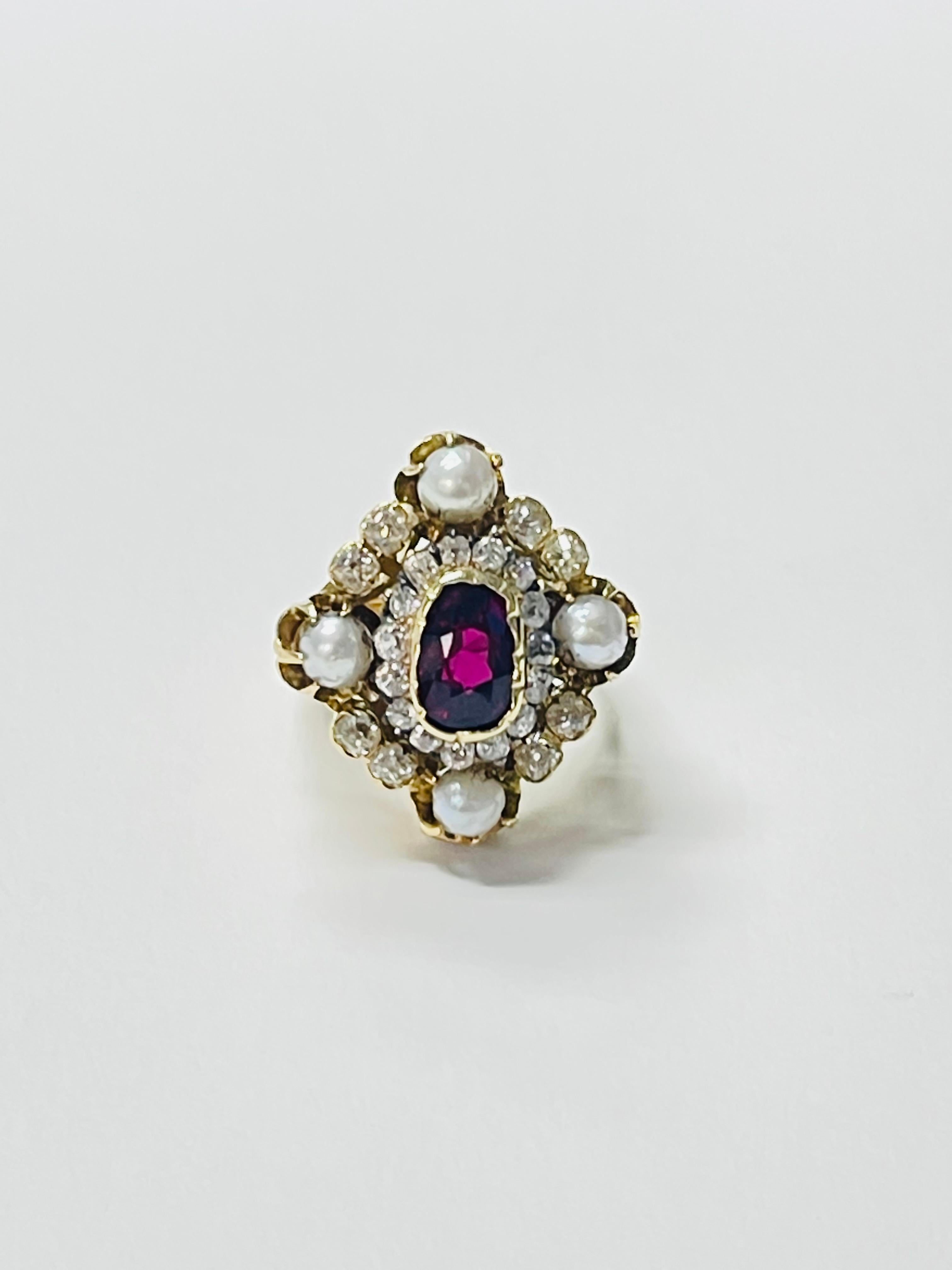 GRS Certified Vintage Thai Ruby, Pearl and Diamond Ring in 18k Yellow ...