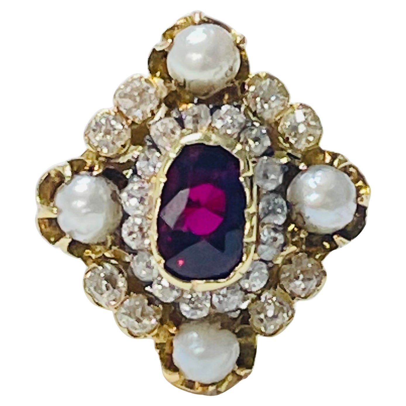 GRS Certified Vintage Thai Ruby, Pearl and Diamond Ring in 18k Yellow ...