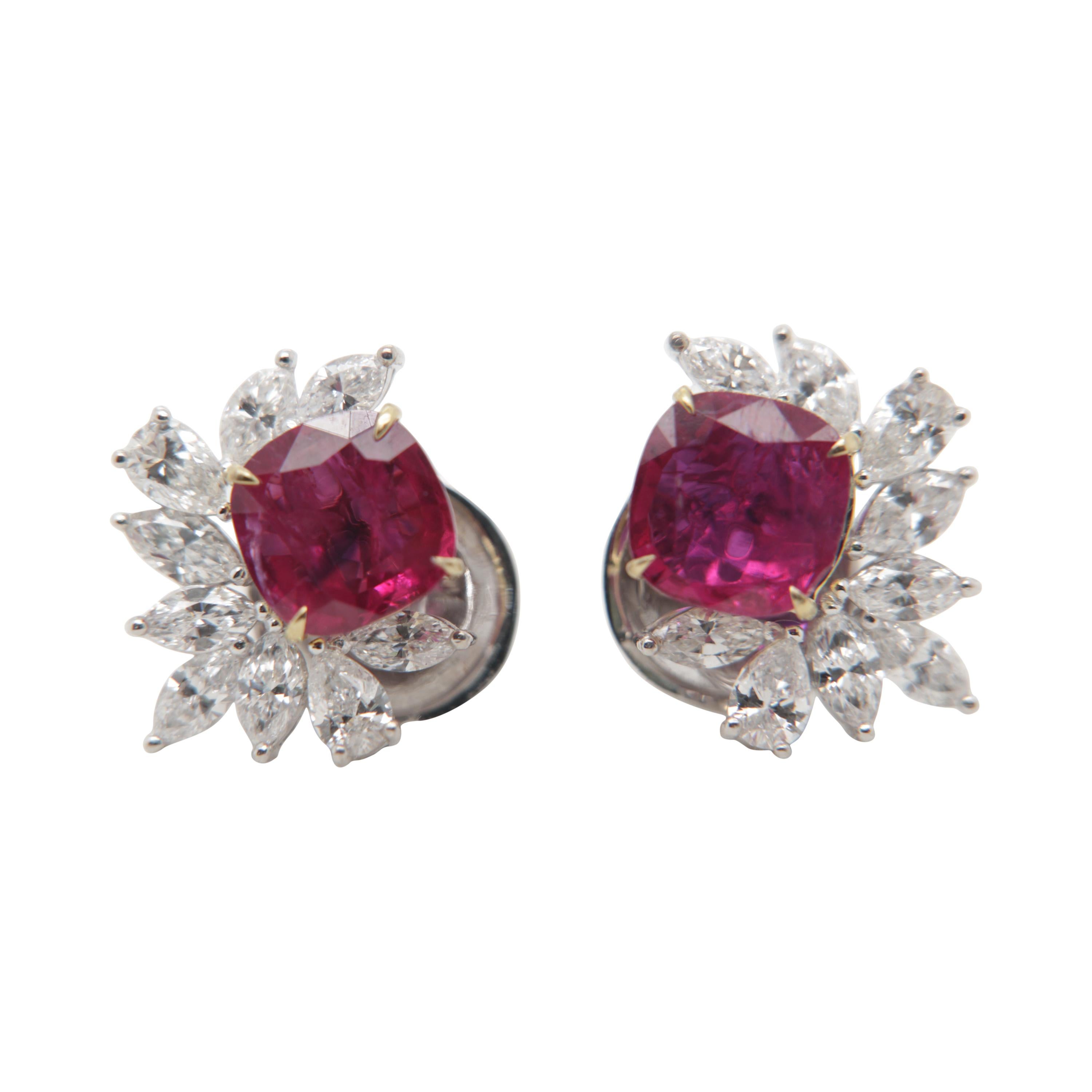 .90 Carat Cushion Red Ruby and Diamond 18k Yellow Gold Earrings For ...