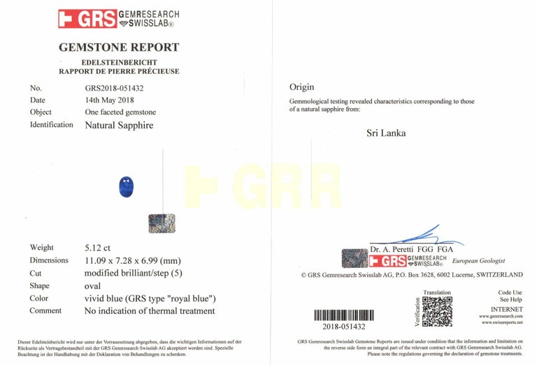 GRS Switzerland 5 Carat Unheated Ceylon Oval Royal Vivid Blue Sapphire ...