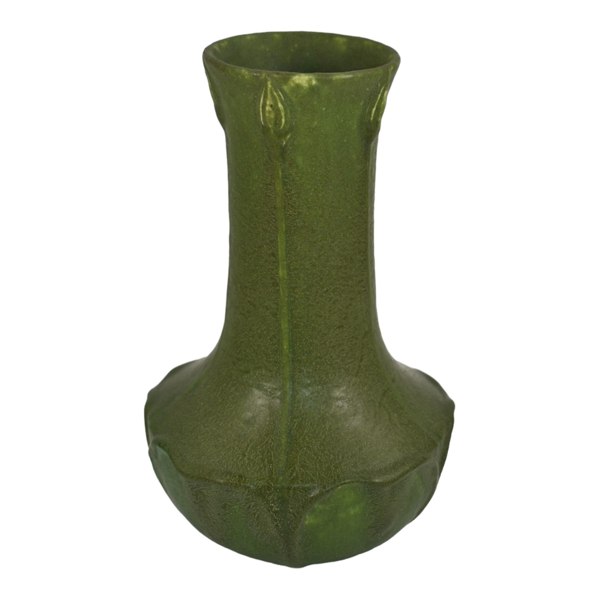 Grueby Vintage Arts and Crafts Pottery Matte Green Flower Buds Leaf Form Vase For Sale at 1stDibs