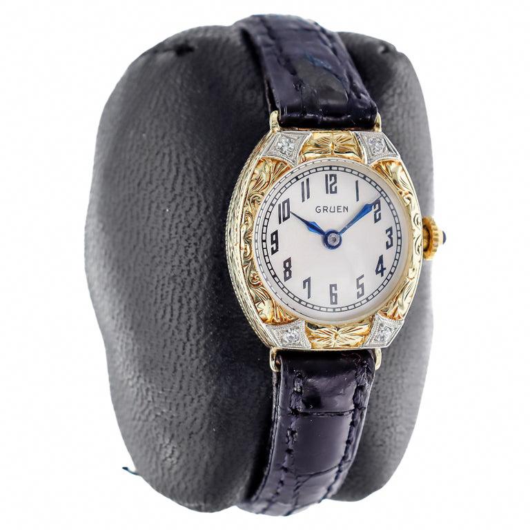 Gruen 14kt Solid Gold Art Deco Ladies Watch handmade 1920s with Diamond ...