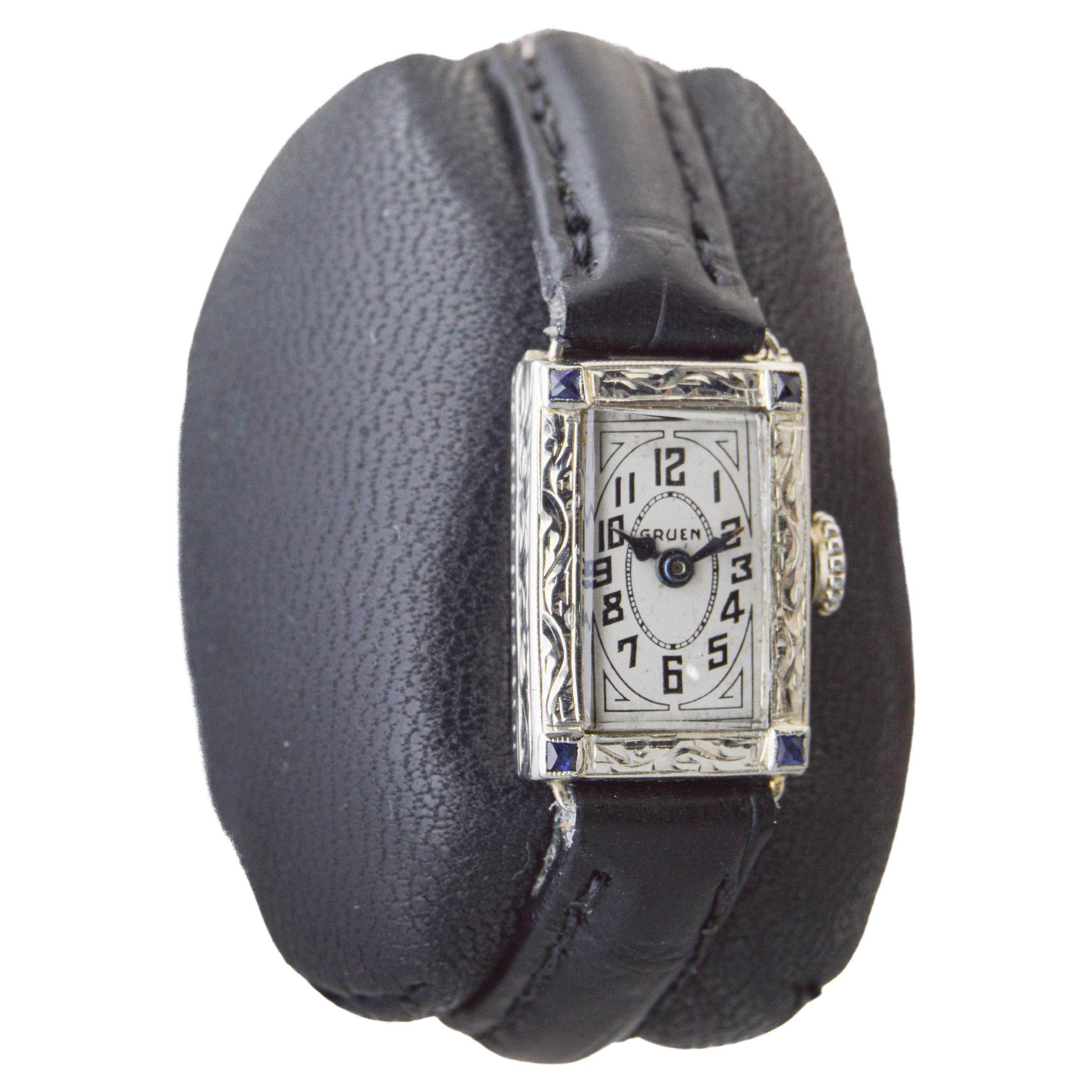 Gruen 14Kt White Gold Art Deco Watch with Hand Made Dial by Stern ...
