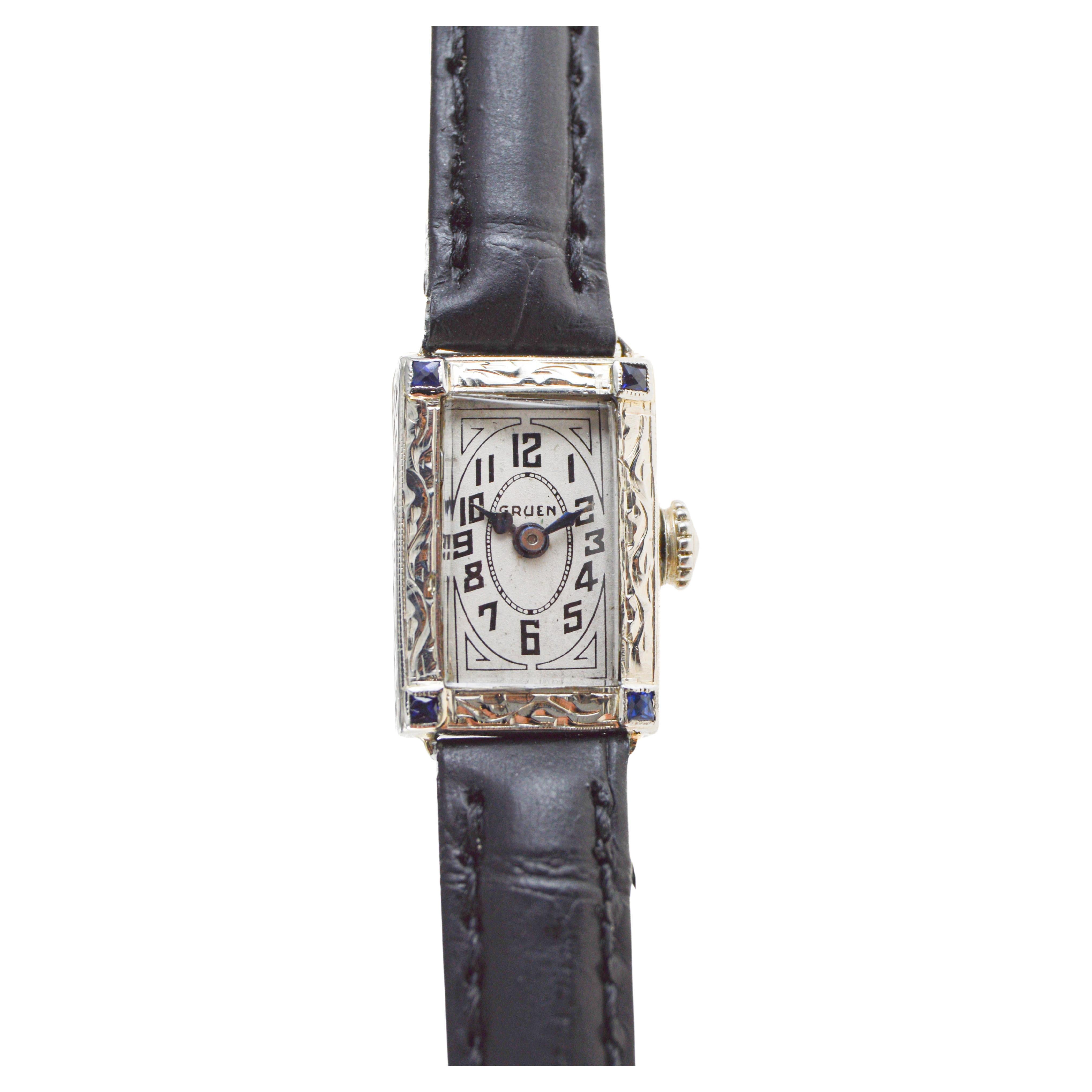 Gruen 14Kt White Gold Art Deco Watch with Hand Made Dial by Stern ...