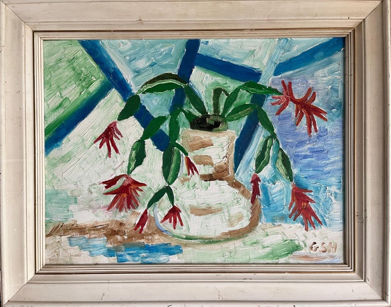 GSH - 1970s "Red Flower Still Life" Oil Painting For Sale at 1stDibs