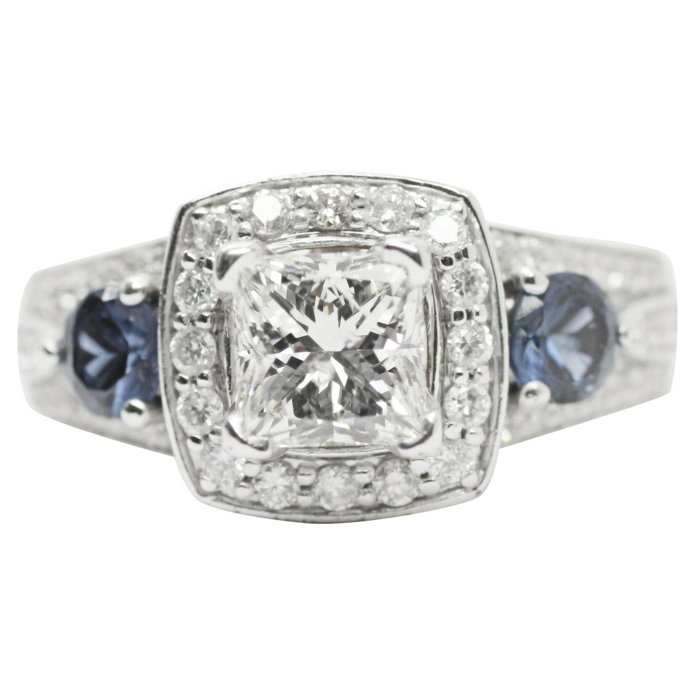 GSI Certified Princess Cut Diamond with Halo and Sapphire Ring at ...