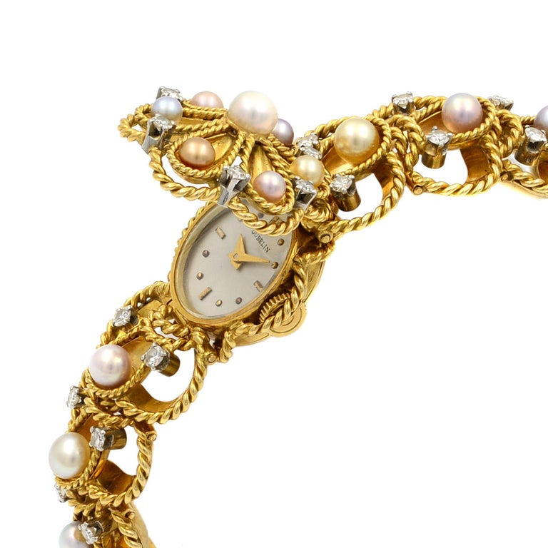 Gubelin Vintage 18 Karat Yellow Gold Perls and Diamonds Ladies Watch 1. ...