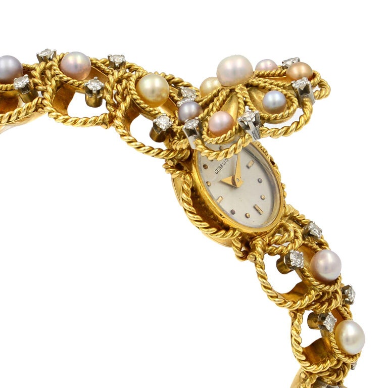 Gubelin Vintage 18 Karat Yellow Gold Perls and Diamonds Ladies Watch 1. ...