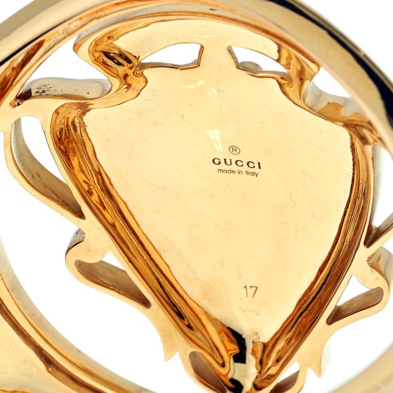 Gucci 18K Yellow Gold Coat of Arms Crest Cuff Bracelet For Sale at 1stDibs
